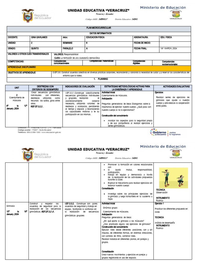 Plan Microcurricular Edu - Fisica 5to | PDF | Gimnasia | Aprendizaje