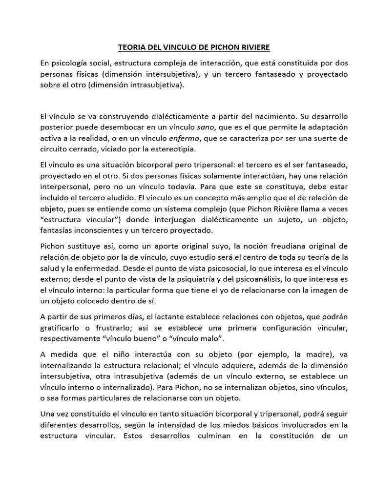 Teoria Del Vinculo de Pichon Riviere 2 | PDF | Teoría | Conceptos psicologicos