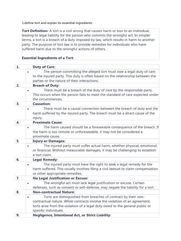 Law of Torts - 1 - Imp Questions | PDF | Tort | Damages