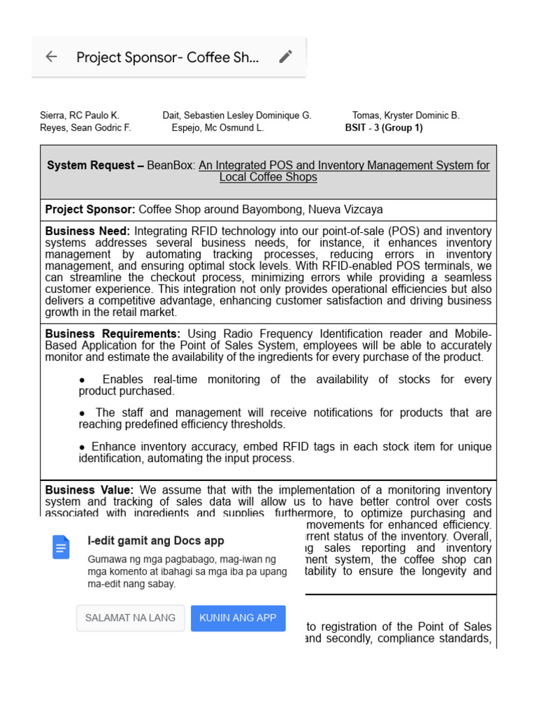 Project Sponsor - Coffee Shop | PDF | Point Of Sale | Inventory