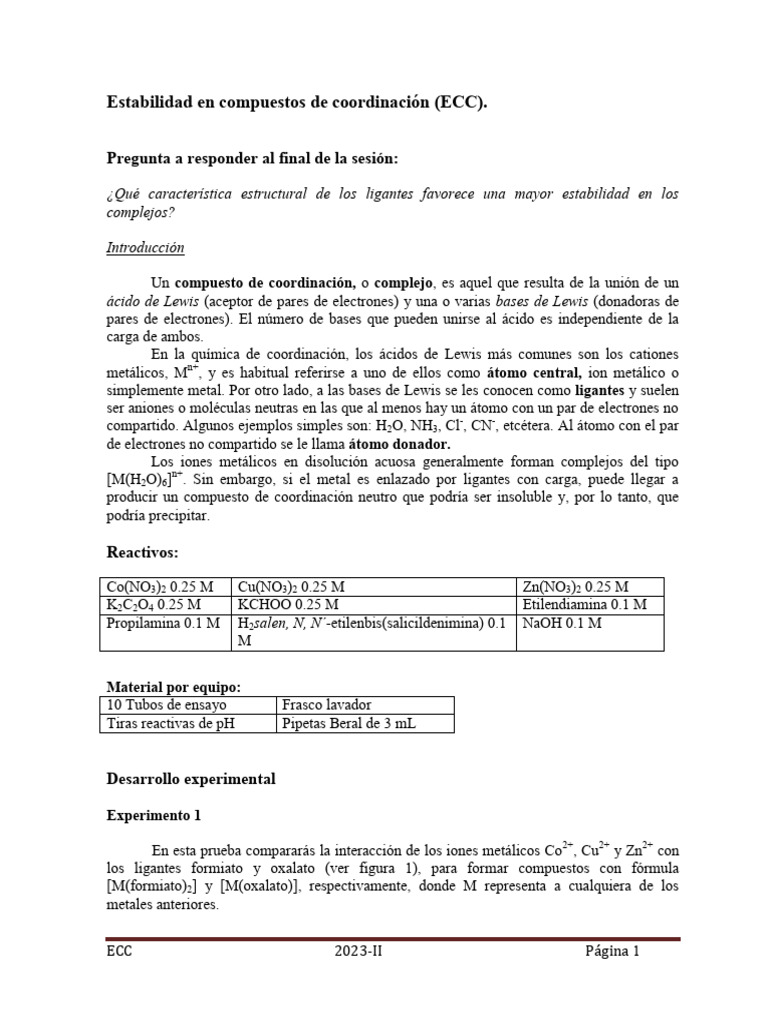 Estabilidad en Compuestos de Coordinación (ECC) .: Pregunta A Responder Al Final de La Sesión ...