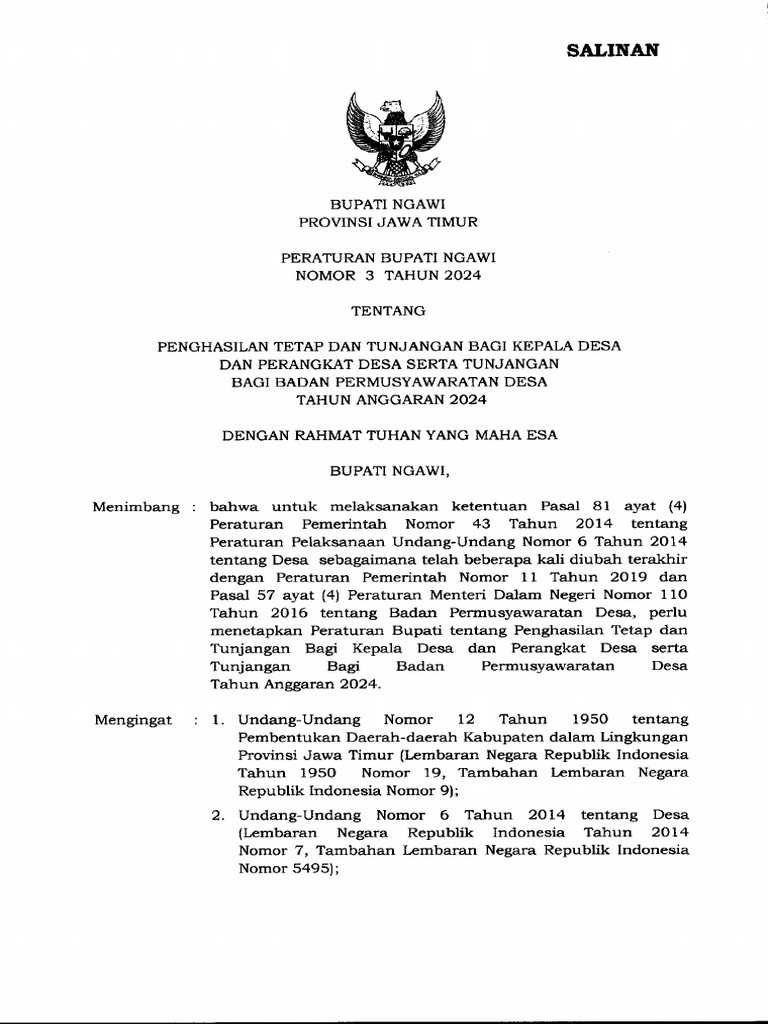 Perbub Pedoman Siltap 2024 | PDF