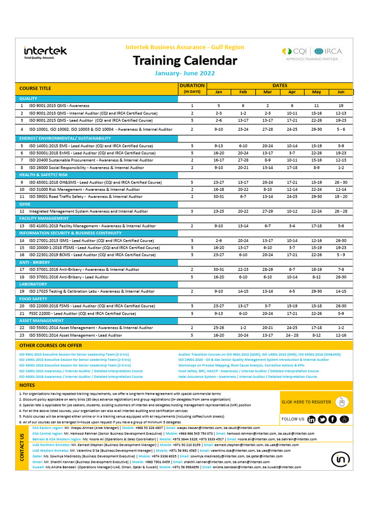Intertek Gulf Region Training Calendar H1 2022 | PDF | Iso 9000 | Quality Management System