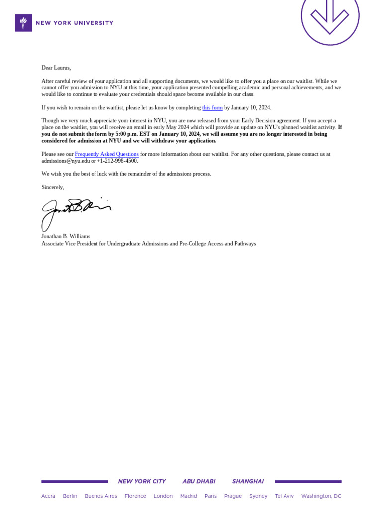 Nyu Waitlist Letter | PDF