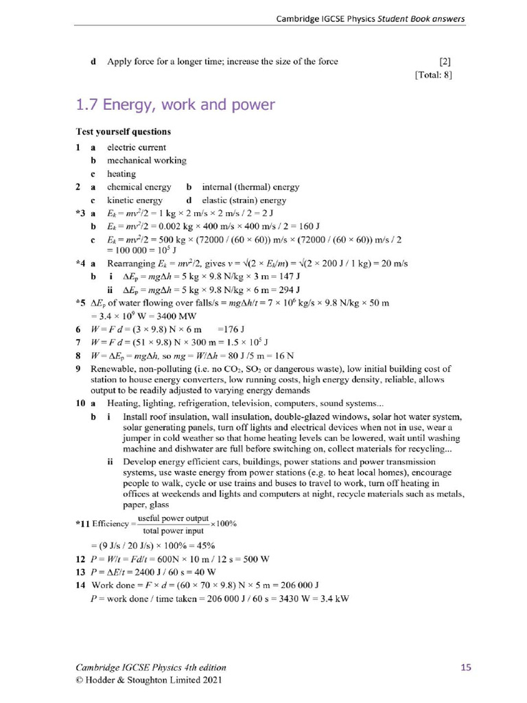 Physics Ch Energy & Pressure Tb Answers | PDF