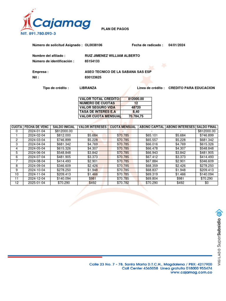 PLAN DE PAGOS (1) | PDF | Responsabilidad (contabilidad financiera) | Hoja de balance
