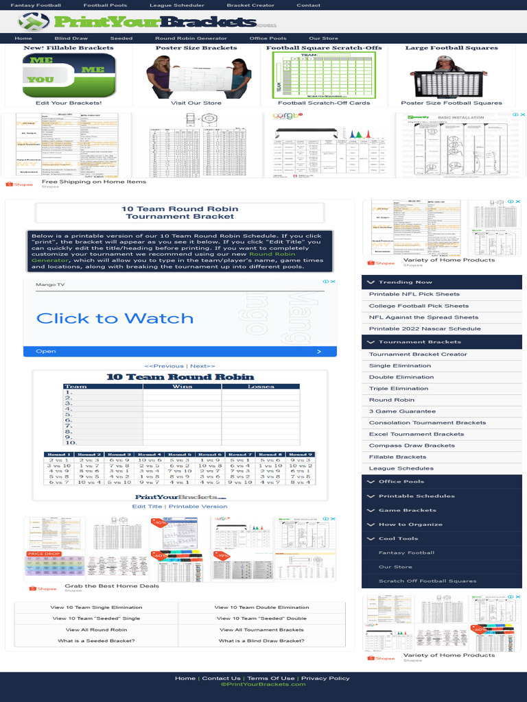 10 Team Round Robin Printable Tournament Bracket | PDF | Tournament ...