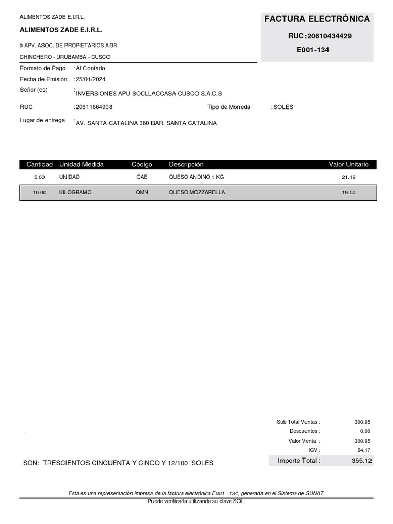 Factura 20610434429 E001 134 | PDF