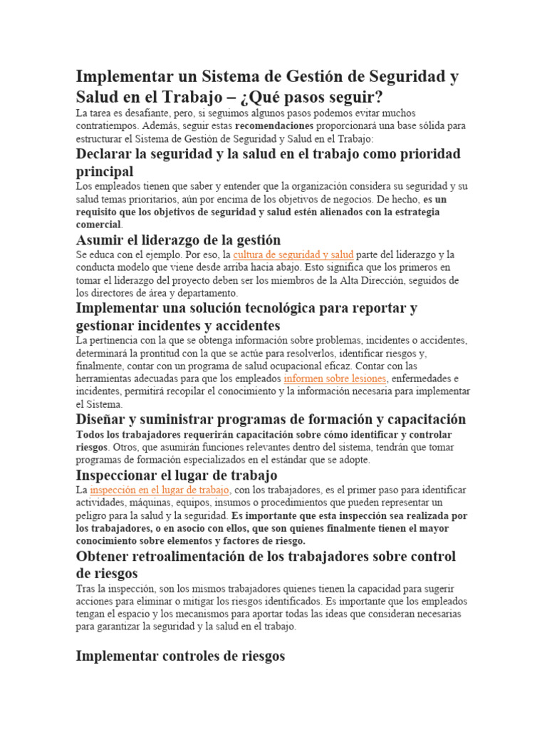 Implementar Un Sistema de Gestión de Seguridad y Salud en El Trabajo | PDF | Valores | Riesgo