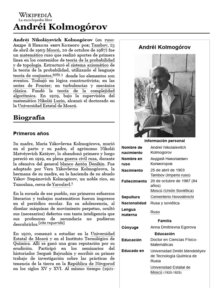 Andréi Kolmogórov - Wikipedia, La Enciclopedia Libre | PDF ...