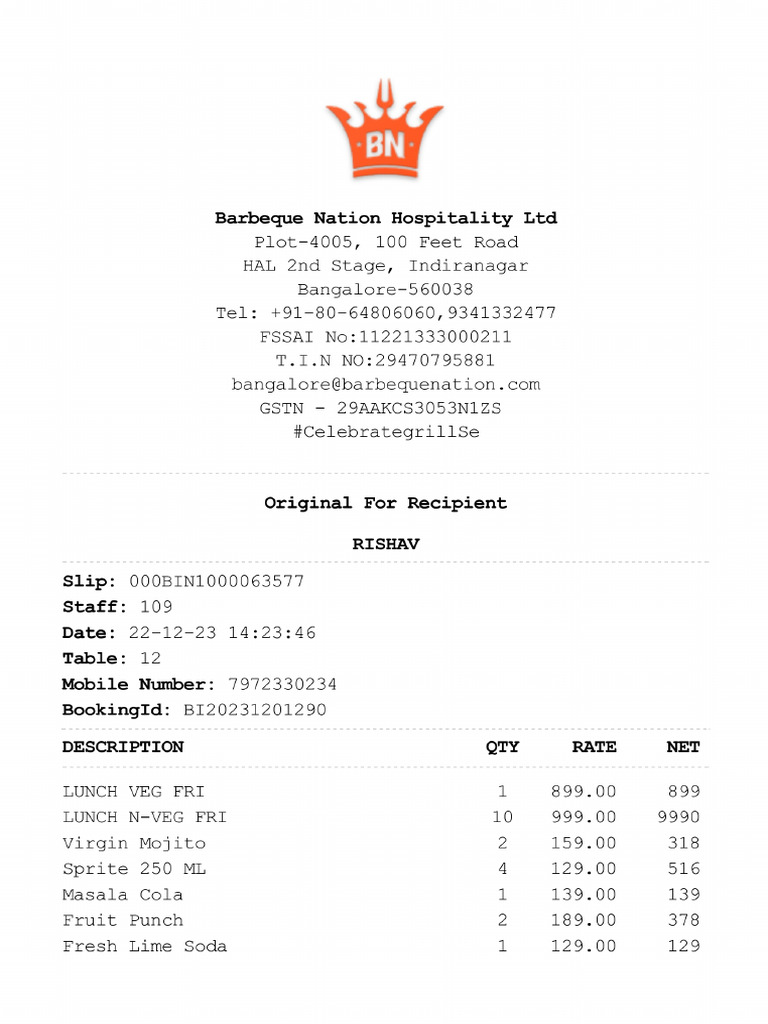 Barbeque Nation Bill | PDF