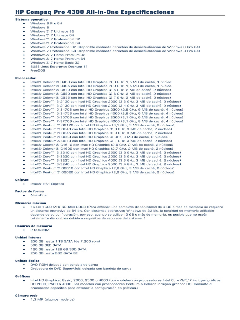 HP Compaq 4300 Pro AIO - Especificaciones | PDF | Microprocesador ...