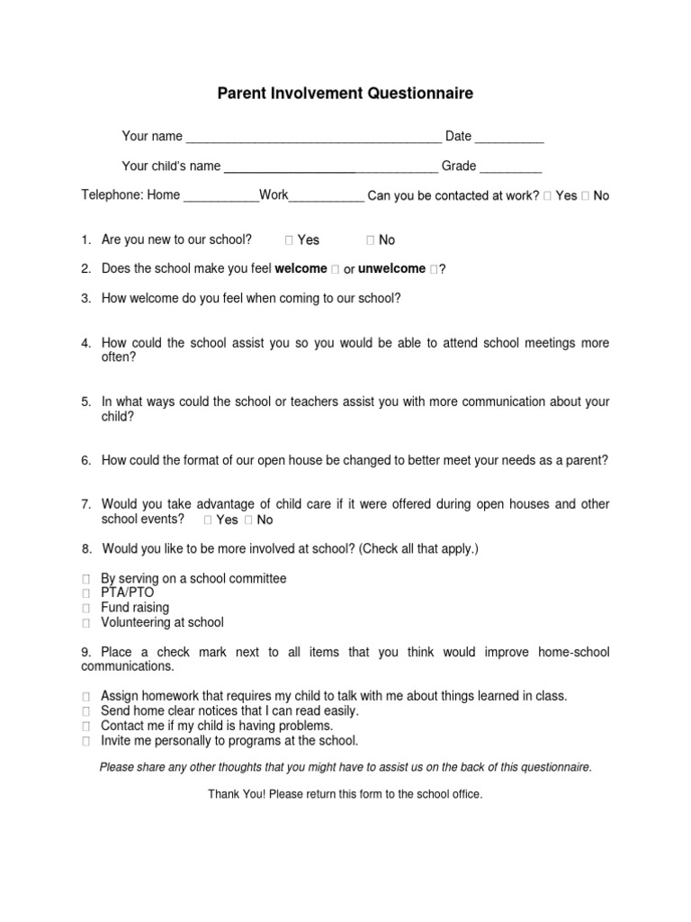12 Parent Involvement Questionnaire | PDF
