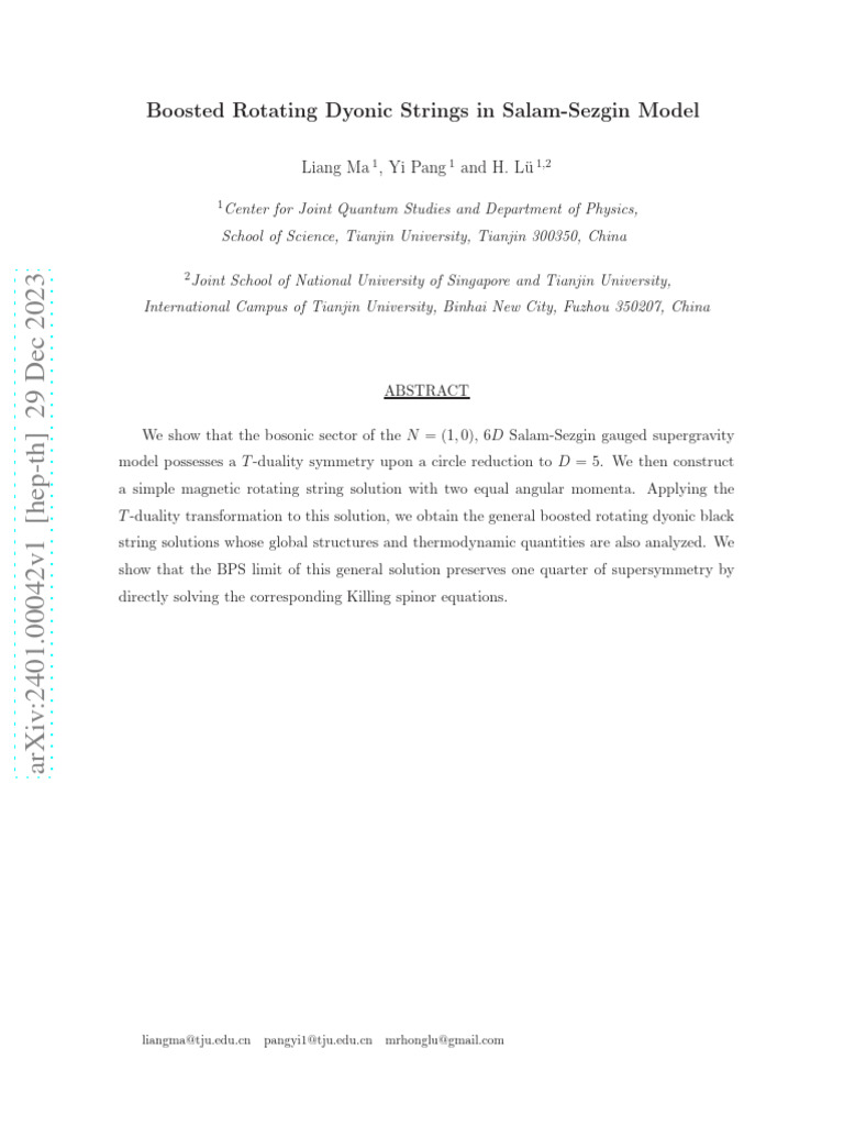 Boosted Rotating Dyonic Strings in Salam-Sezgin Model: Liang Ma, Yi Pang and H. L U | PDF