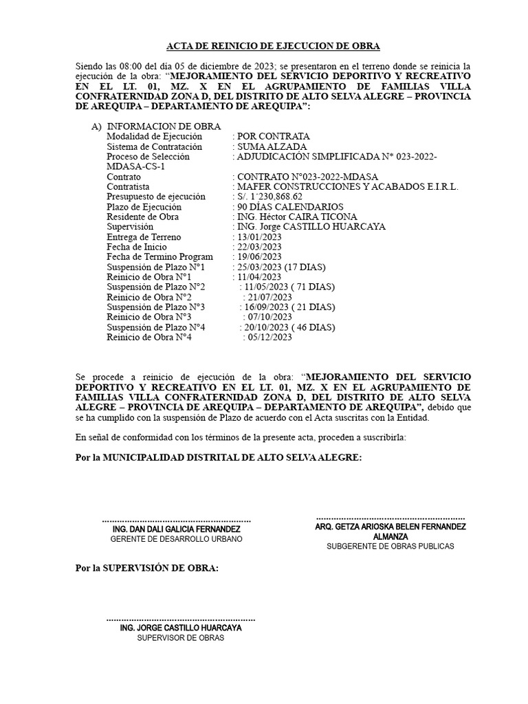 Acta de Reinicio de Ejecucion de Obra N°4 | PDF