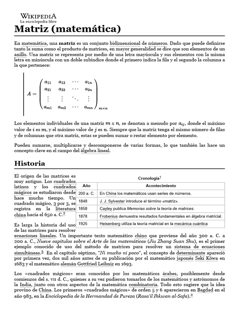 Matriz (Matemática) - Wikipedia, La Enciclopedia Libre | PDF | Matriz ...