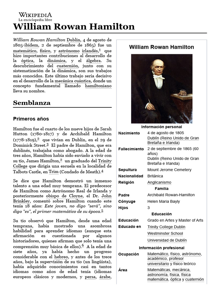William Rowan Hamilton - Wikipedia, La Enciclopedia Libre | PDF | Matemáticas | Física