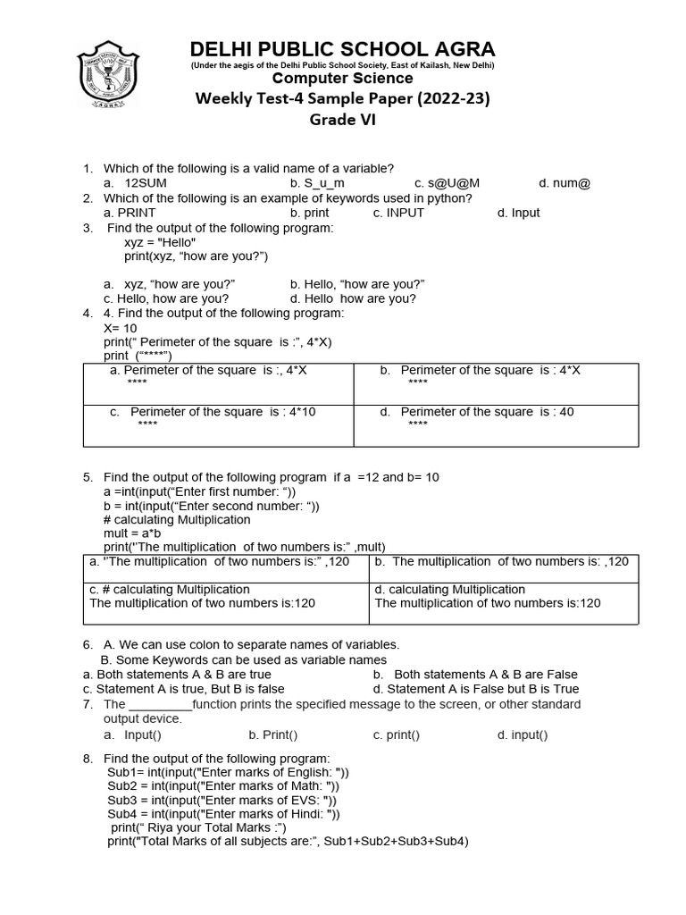Grade 6 Sample Paper Weekly Test 4 | PDF | Computer Engineering ...