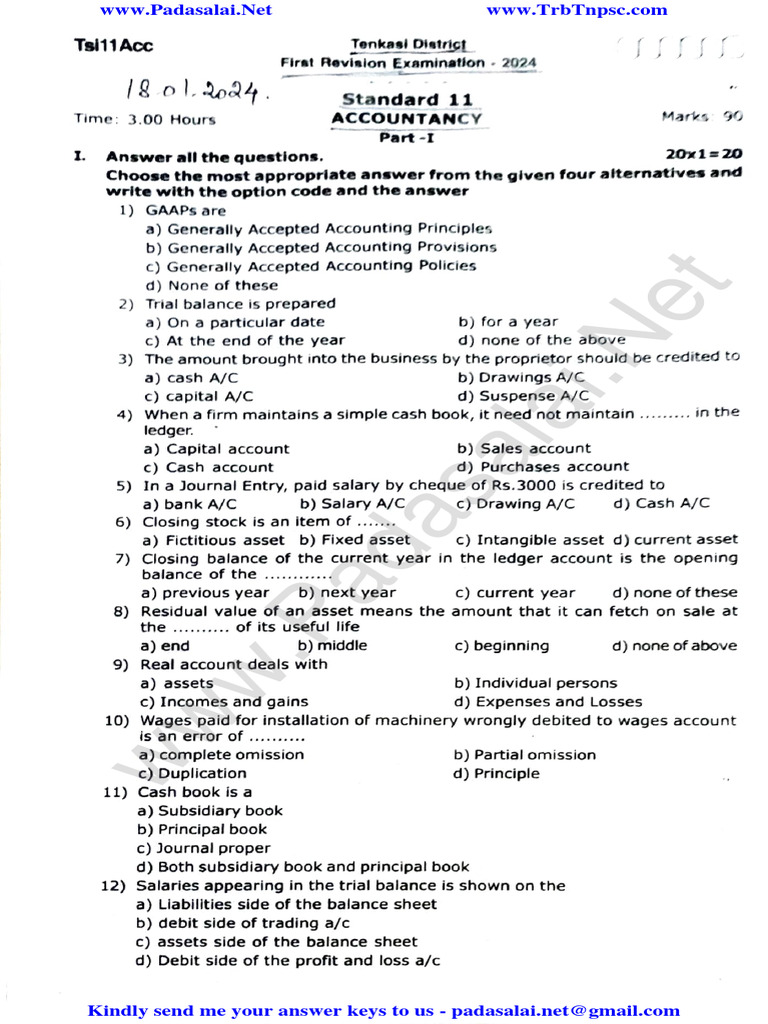11th Accountancy EM First Revision Exam 2024 Question Paper Thenkasi District English Medium PDF ...