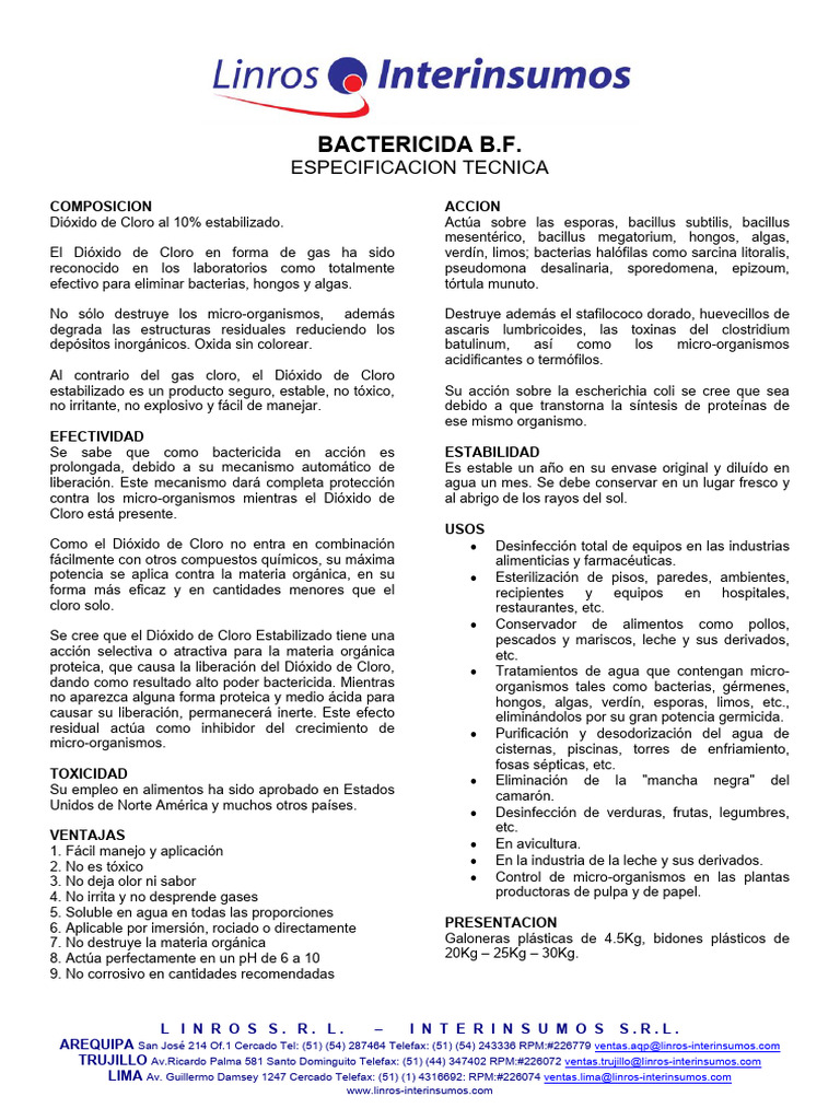 Especif. Bactericidas - BACTERICIDA B.F | PDF | Cloro | Bacilo