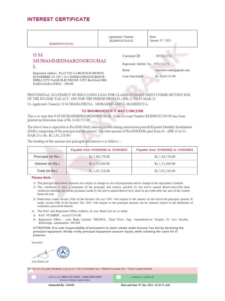 Education Loan - Interest Certificate FY23 | PDF | Loans | Interest