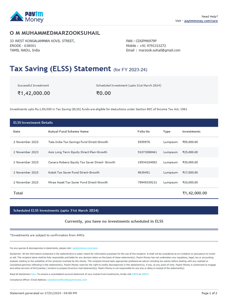 ELSS Statement - 80C FY24 | PDF | Investing | Taxes