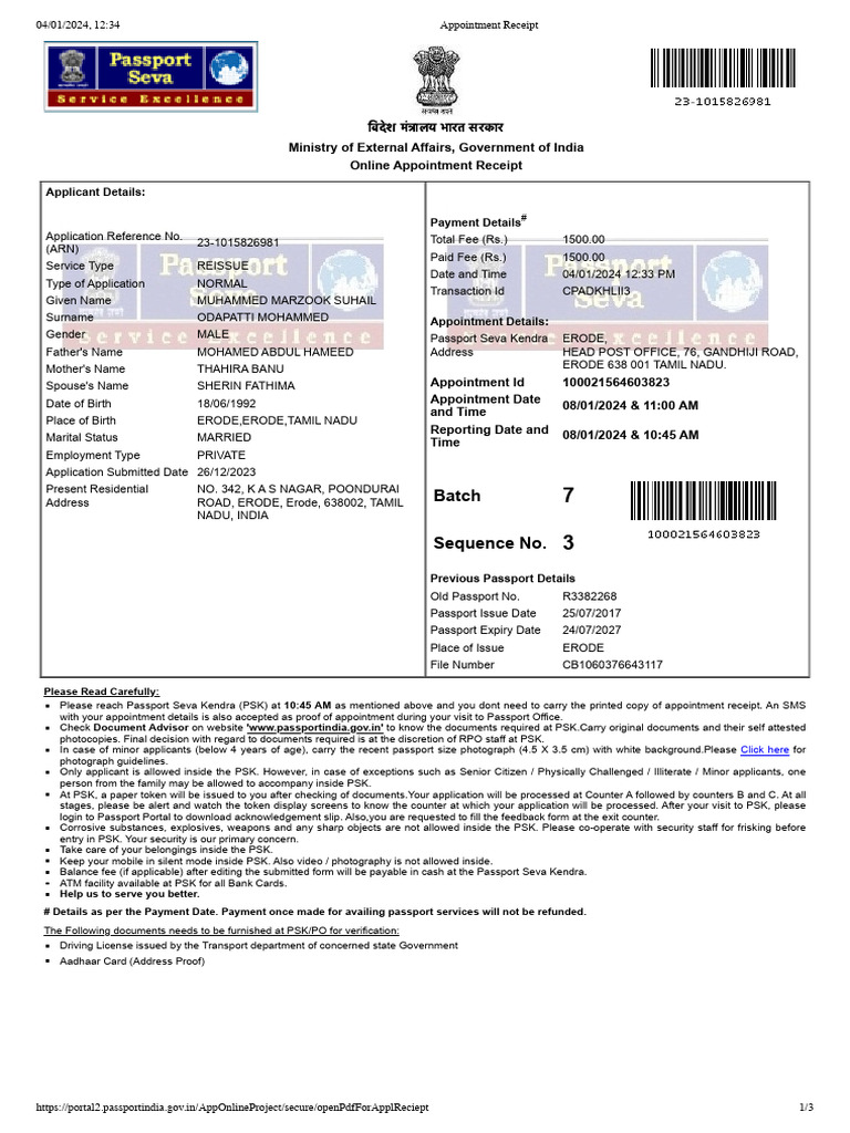 Appointment Receipt | PDF | Identity Document | Social Institutions