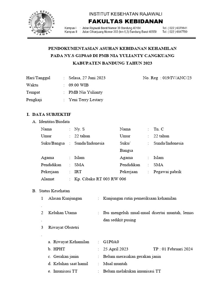 SOAP ANC Ny. S G1P0A0 Gravida 8 Minggu 6 Hari Usia 22 Tahun Dengan HEG | PDF