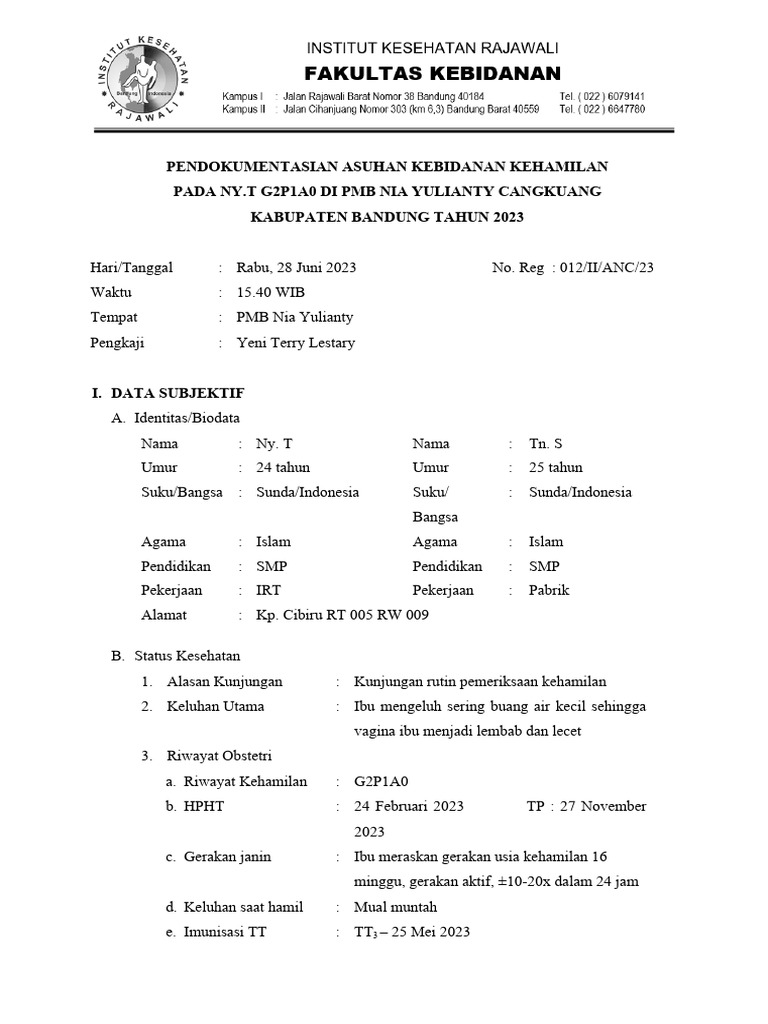 SOAP ANC Ny.T G2P1A0 Gravida 18 Minggu 1 Hari Usia 24 Tahun Dengan ...