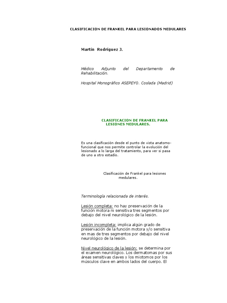 Clasificacion de Frankel para Lesion A Dos Medulares | Lesión de la ...
