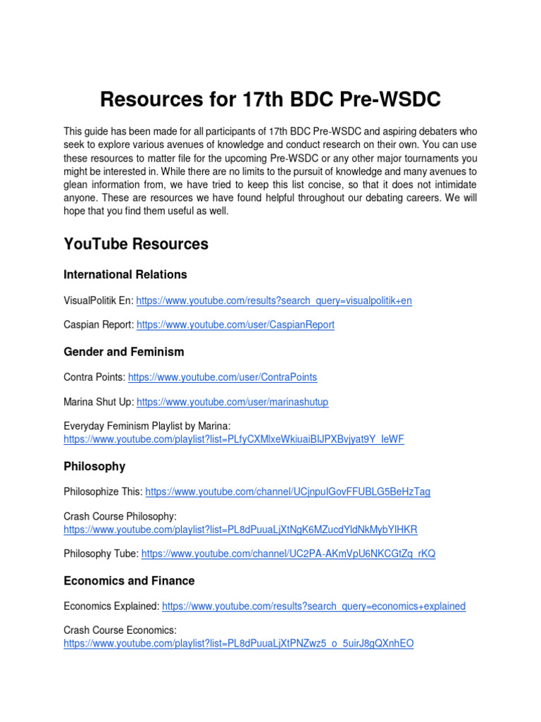Resources For 17th BDC Pre-WSDC | PDF