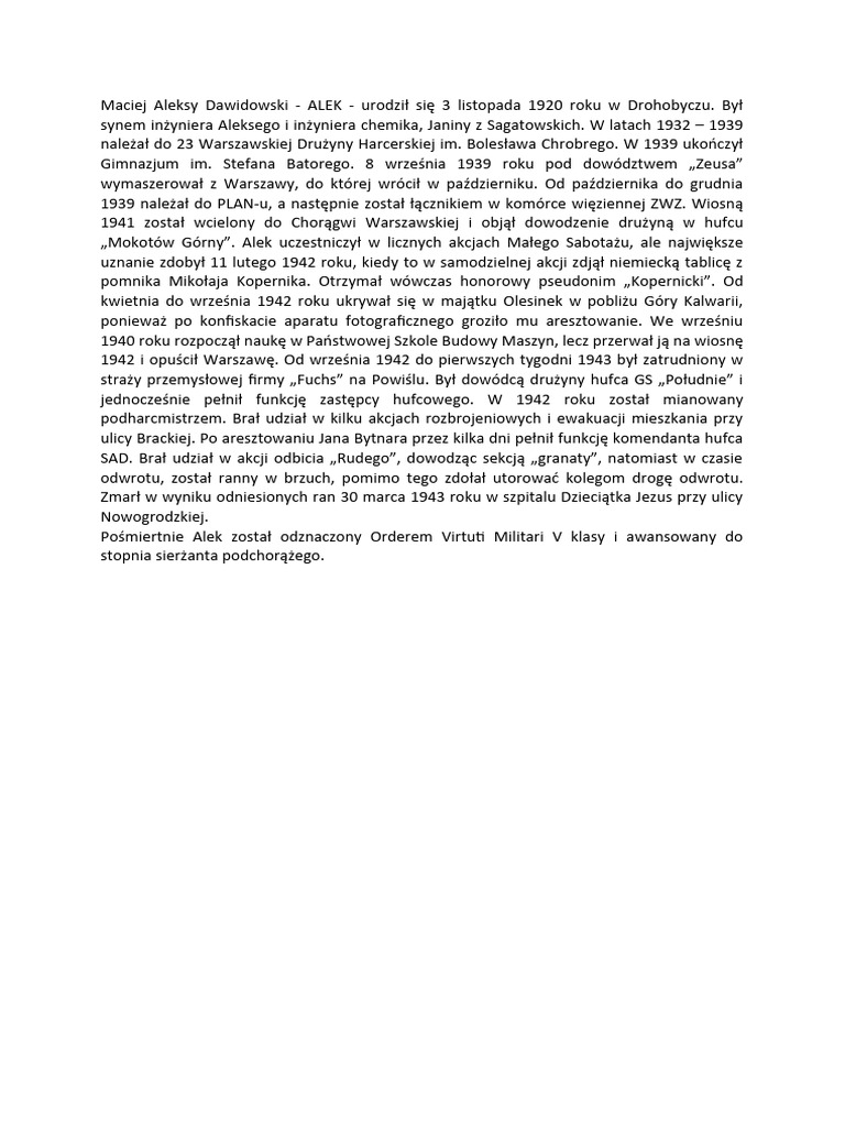 Biografia Alek, Zośka, Rudy | PDF