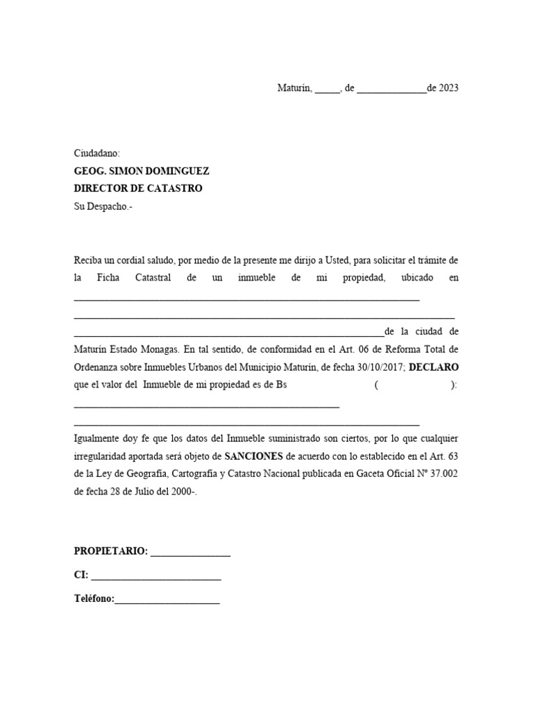 Solicitud de Ficha Catastral en Maturín | PDF