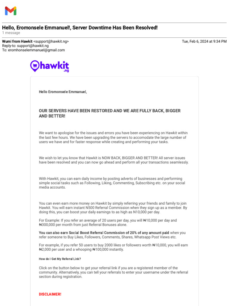 Gmail - Hello, Eromonsele Emmanuel!, Server Downtime Has Been Resolved! | PDF | Business