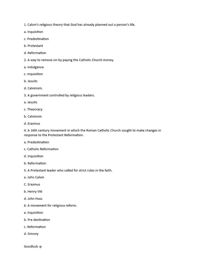 Protestant Reformation Quiz | PDF