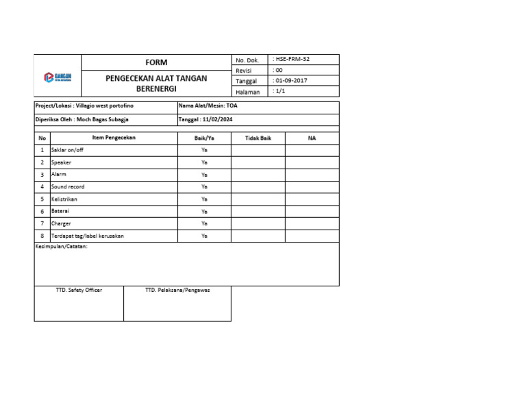 HSE Form Cklisan Toa | PDF