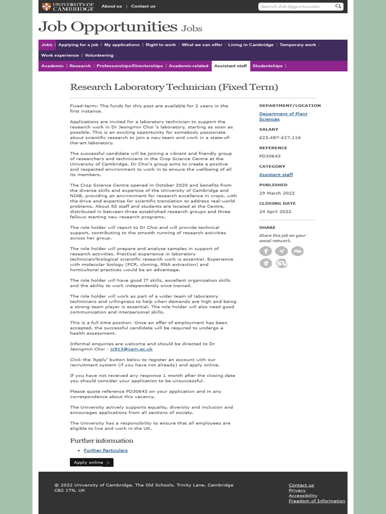 Research Laboratory Technician (Fixed Term) - Job Opportunities ...