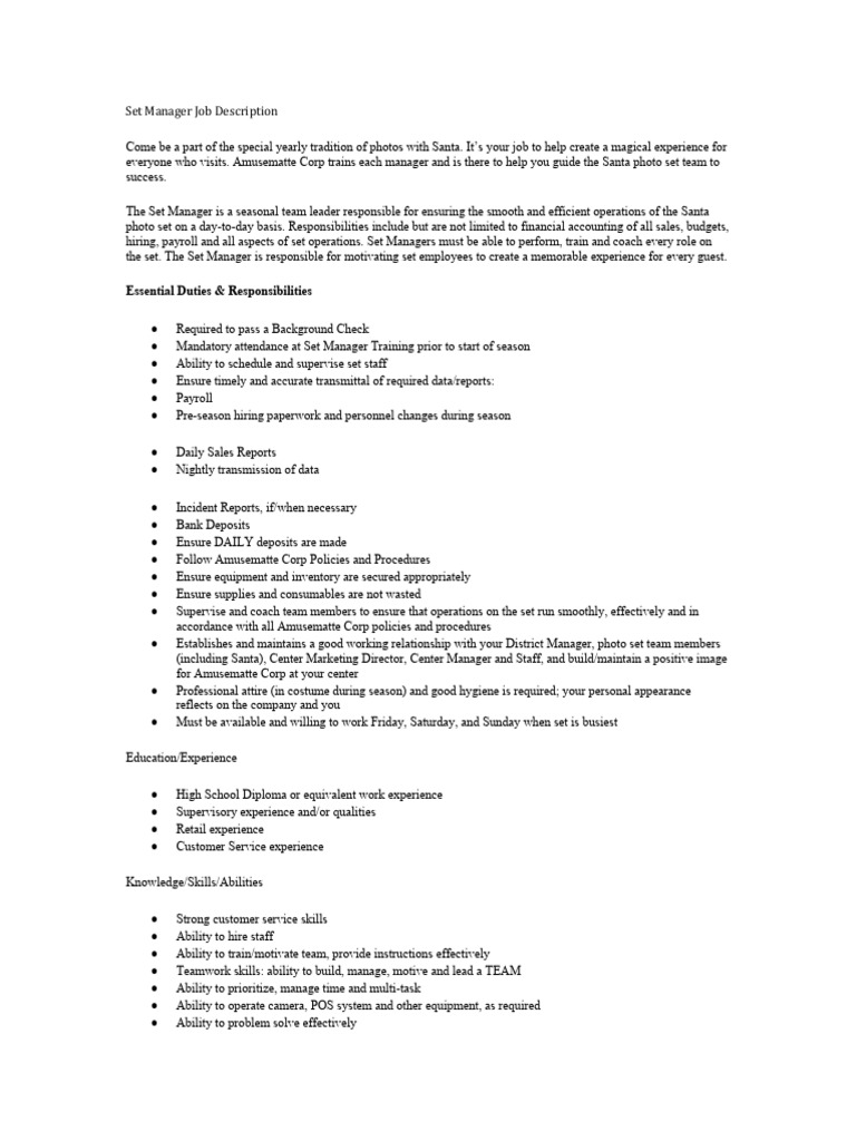 Set Manager Job Description Application | PDF