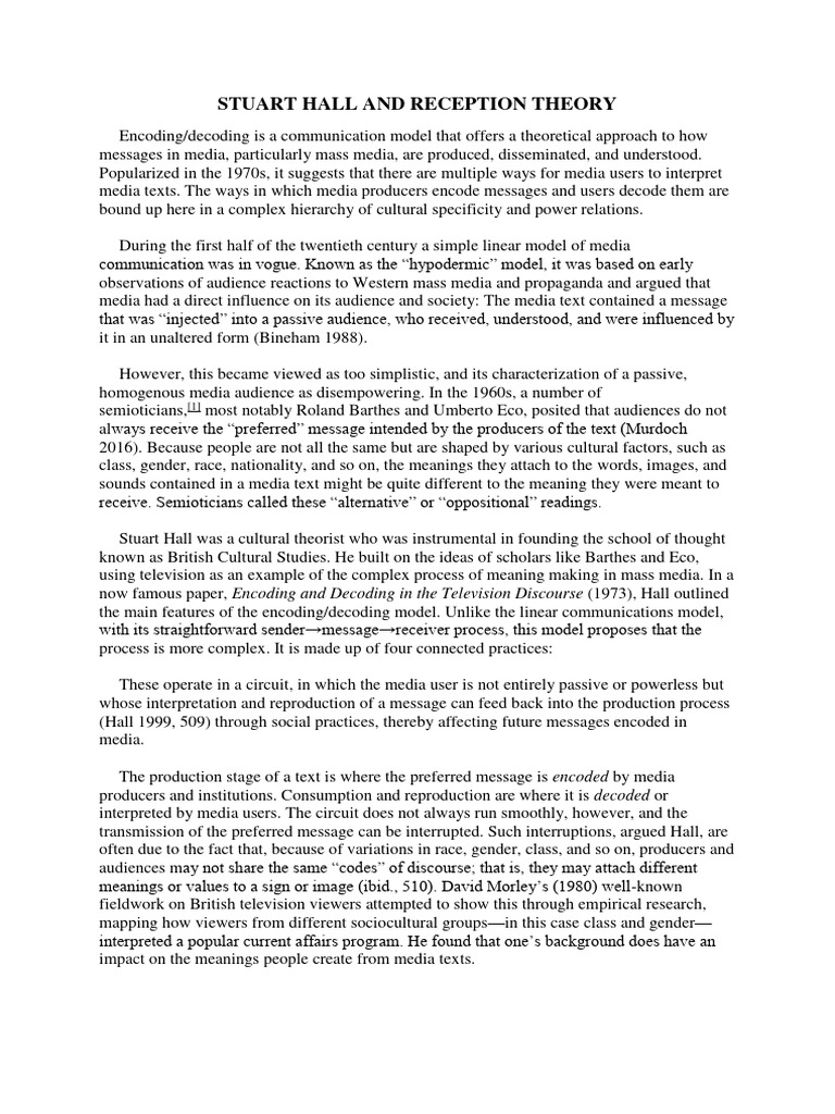 Stuar Hall and Reception Theory | PDF | Human Communication | Communication
