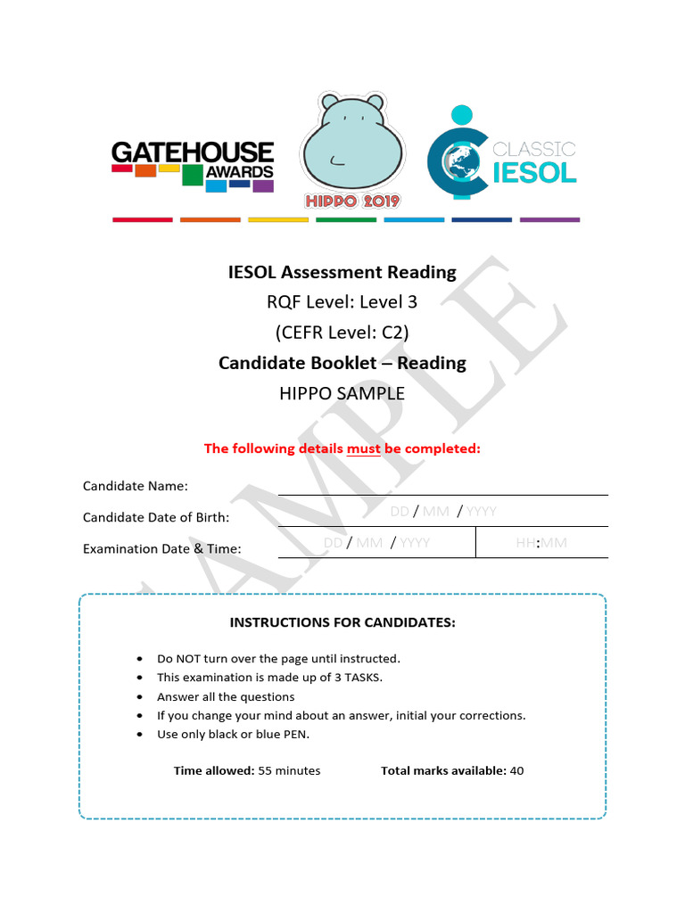 GA IESOL L3 (C2) Candidate Booklet Reading HIPPO Sample | PDF | Car ...