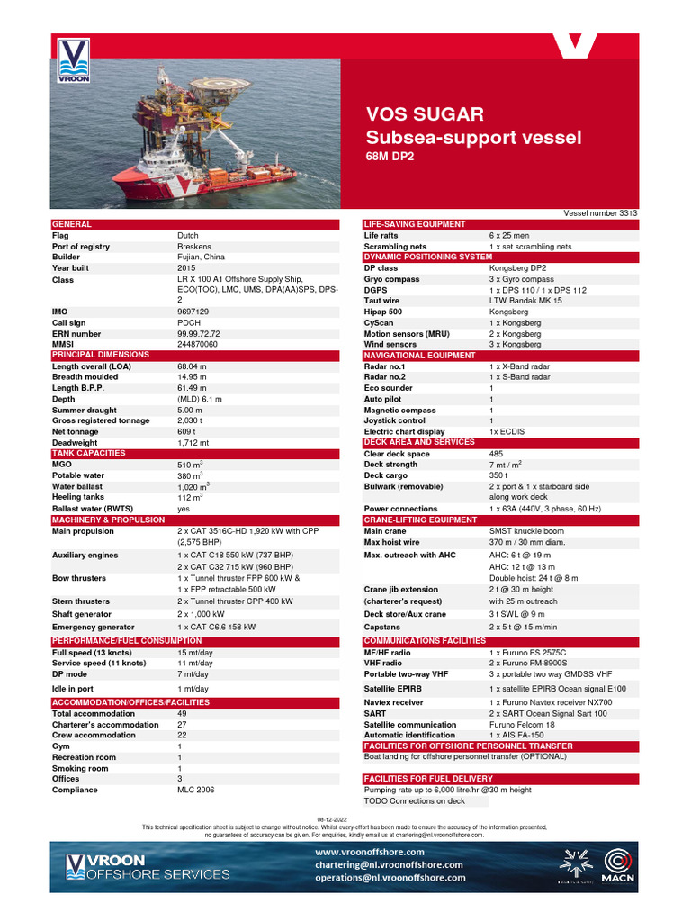 VOS Sugar Technical Specifications | PDF | Tonnage | Ships