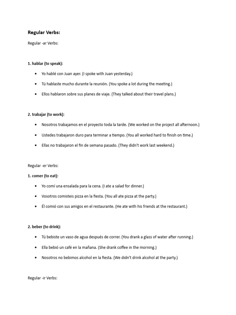 Examples For Verbos Regulares e Irregulares | PDF