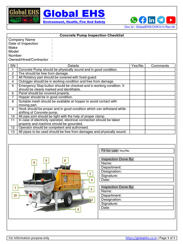 Concrete Pump Inspection Checklist | PDF | Manufactured Goods
