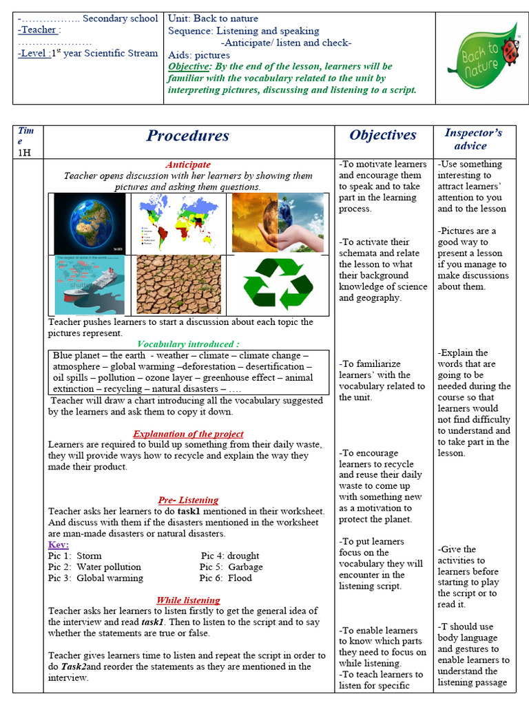 Back to Nature Introduction Lesson Pln.docx · Version 1 | PDF ...