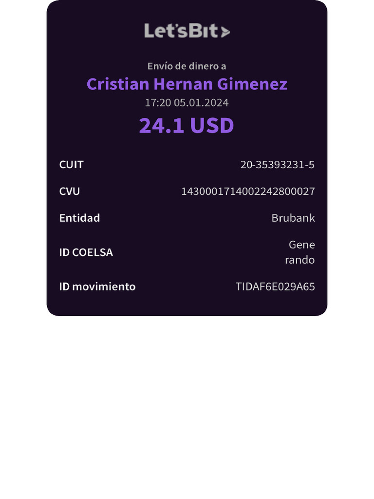 Comprobante LetsBit TIDAF6E029A65 Envio | PDF