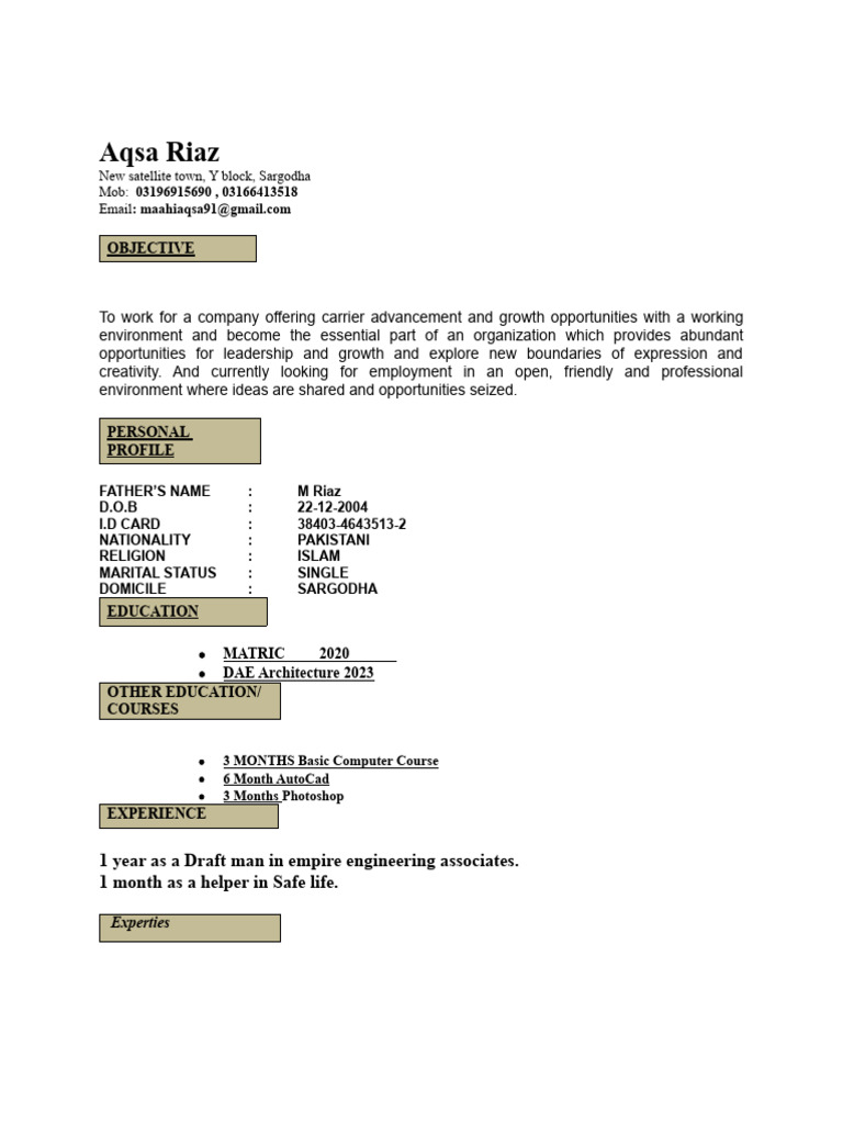 Aqsa Riaz: Objective | PDF