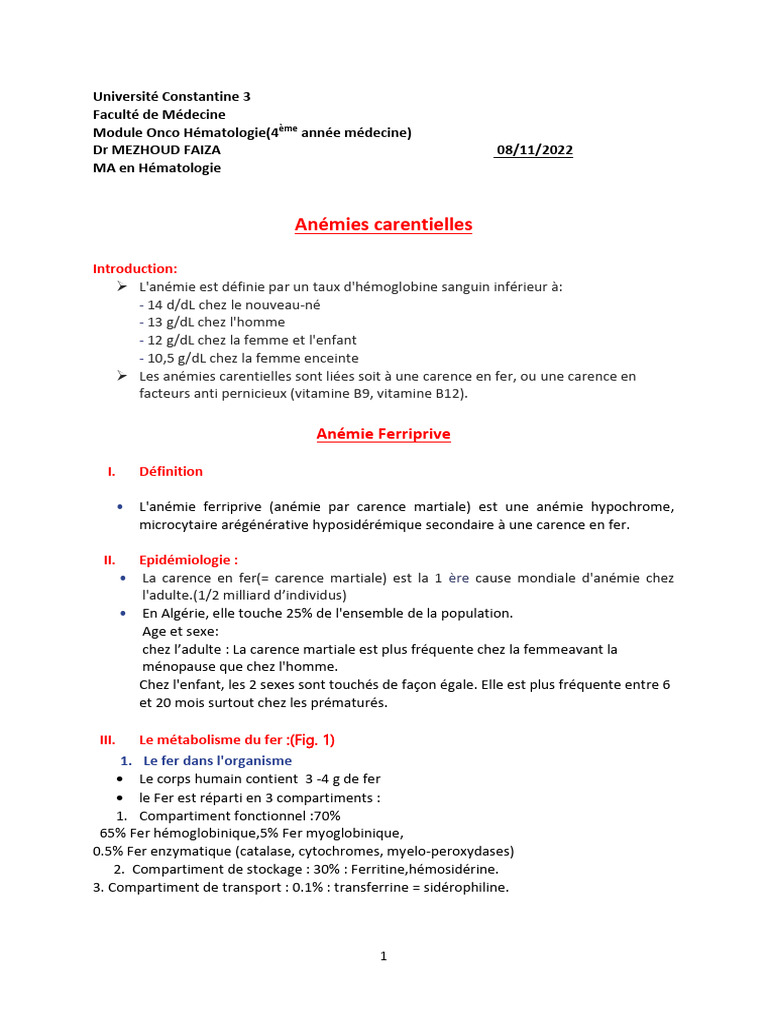 Anémies Carentielles | PDF