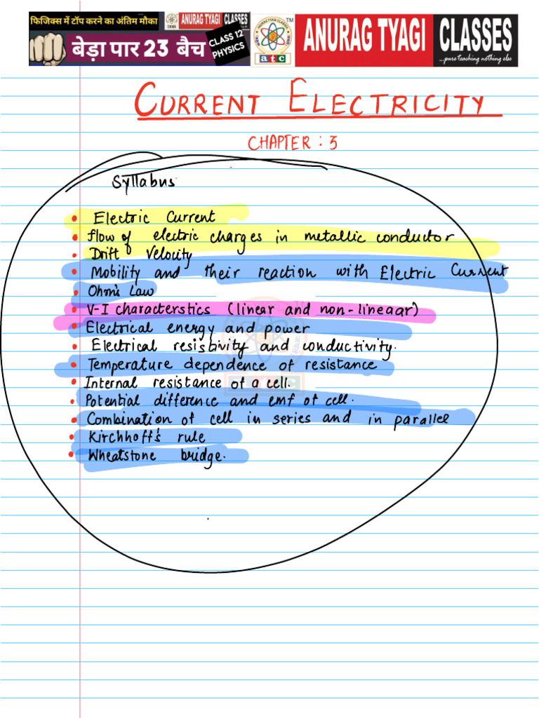 Current Electricity Short Notes | PDF | Electric Current | Voltage