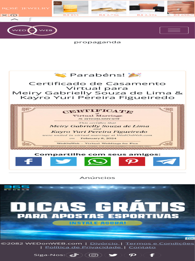 Certidão de Casamento - Casamentos Virtuais Por Diversão Por WEDonWEB | PDF