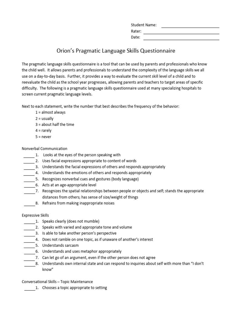 Orion's Pragmatic Language Skills Questionnaire | PDF | Nonverbal ...